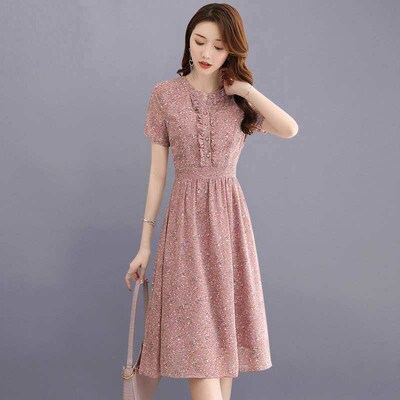 Chiffon floral dress, womens new summer figure-flattering t