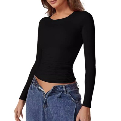 Women round neck slim fit base top T-shirt Black clothing 衣