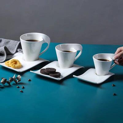 European Wave Porcelain Coffee Cup and Saucer Set White Cera