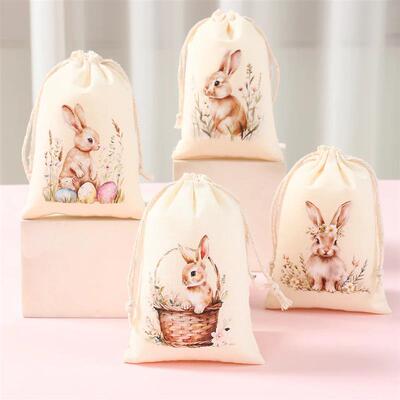 6pcs Easter Burlap Candy Bags Bunny Pattern Linen Treat Gift