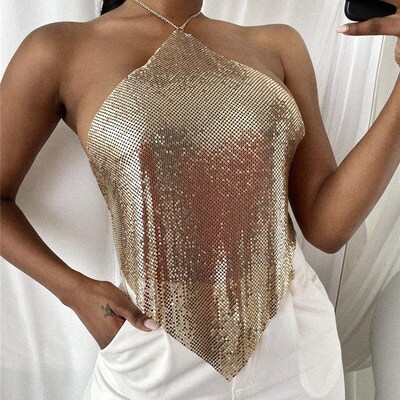 Sexy Halter Neck Sequin Metal Top Women YX668 2025 Europe an