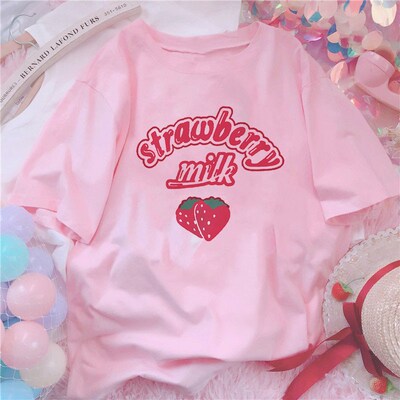Strawberry Milk Kawaii Cartoon Sweet Girls Pink Graphic Summ