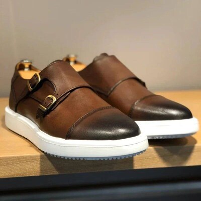 New Brown Mens Vulcanize Shoes Double Buckle Monk Shoes Han