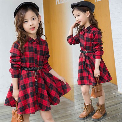 Girl Dress Fashion Plaid Shirt Dress For Girls Single-breast