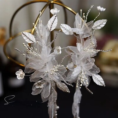 White Gauze Fairy Bride barrettes clips hair wear Fluttering