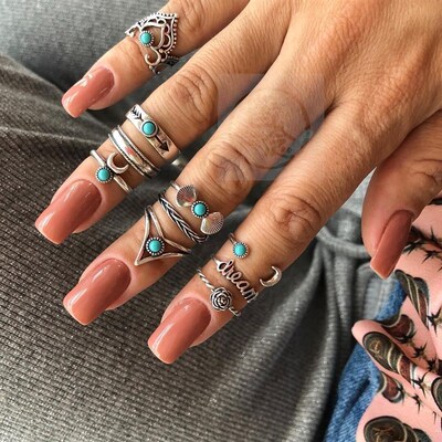 。Crescent Turquoise joint ring Bohemian 10 piece combinatio