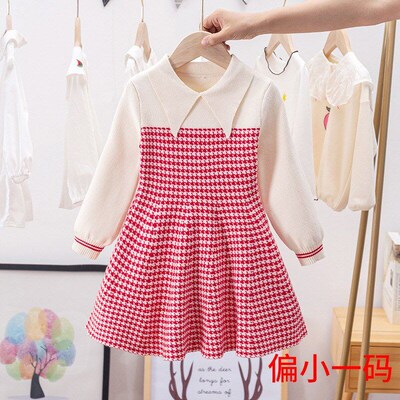 Knitted Dress for Girls Checked Lapel Long Sleeves 2025 Knit