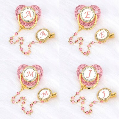 Pink Zircon Luxury Baby Pacifier Clip 26 Letters Newborn Per