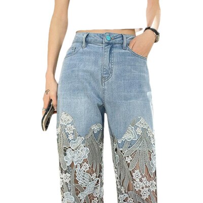 Design-sense Lace Splicing Niche Jeans For Women 2025 Straig