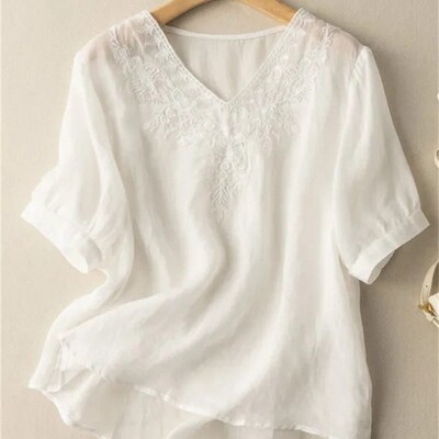 Solid Color Floral Embroidery Vintage Thin Womens Cotton Li