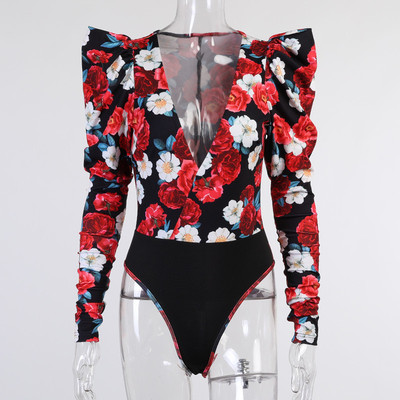 2021 Spring Elegant Boho Print Bodysuits Rompers Women Jumps
