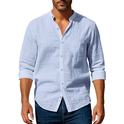Cotton Linen Shirt for Men Henley Neck Solid Color Lightweig
