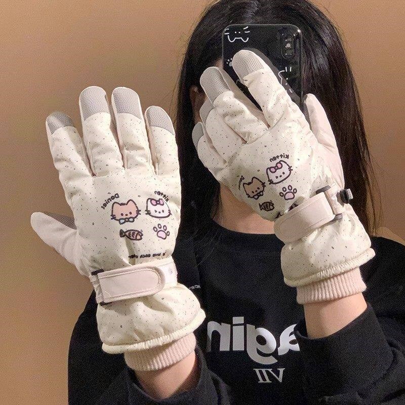 工厂好物可爱卡通猫咪滑雪手套女冬季加绒加厚防寒骑电动车防水防