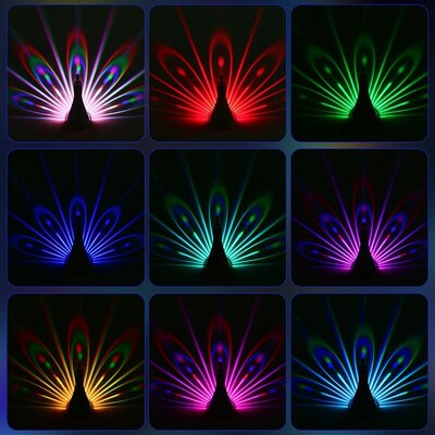 LED Wall Light Peacock Projection Lamp Remote Control Home D
