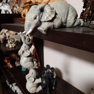 3-piece Elephants Mother Hanging 2-Babies Figurine Resin Cra