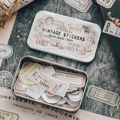 100Pcs Metal Box Junk Journal Ephemera Vintage Stickers Deco