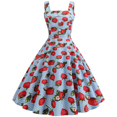 Strawberry Printed Vintage Summer Dresses Women Swing Robe