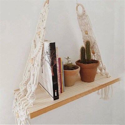 Macrame Wall Hanging Hand Woven Tapestry Rack Wooden Shelf