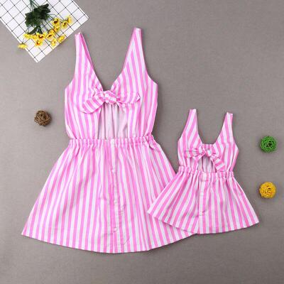 Mother&Daughter Dress Mom Girl Sleeveless Stripe Bow Dresses