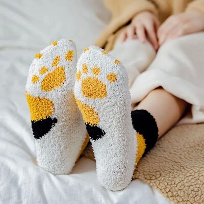 4 Pairs Women Cat Paw Fuzzy Socks Winter Warm Soft Fluffy Fu