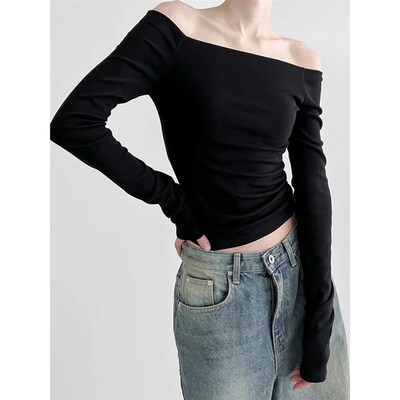 Black Solid Slash Neck Elegant Long Sleeve ops Korean Fashio