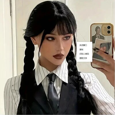 wednesday Cosplay Wigs Black Double Twist Braid Wigs Synthet