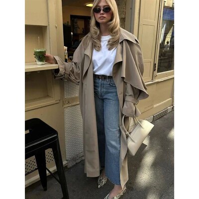 Women Casual Lace Up Long Trench Coat Chic Solid Color Full