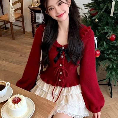 绝美巨好看的娃娃领蝴蝶结针织衫女2025冬季新款修身显瘦气质上衣