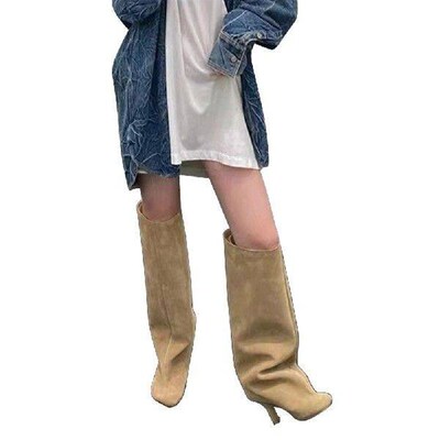 Women Knee High Boots Suede Long Booties Square Toe Square