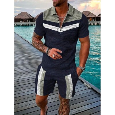 Summer Men Short Sleeve Sets Fashion Zip  ops Shorts 2 Piece