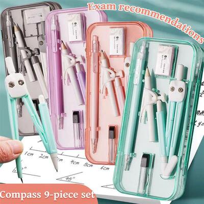 Kawaii 9pcs Ruler Set for Exams Geometry Compass Straight Ed