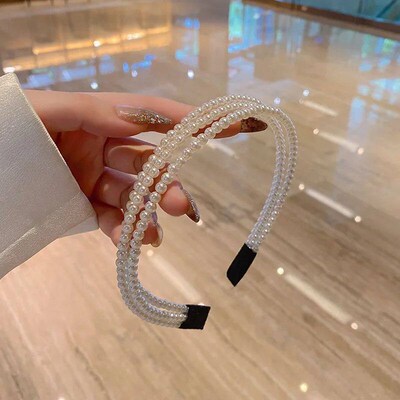Three layer White Pearl Headbands for Women Handmade Wave Si