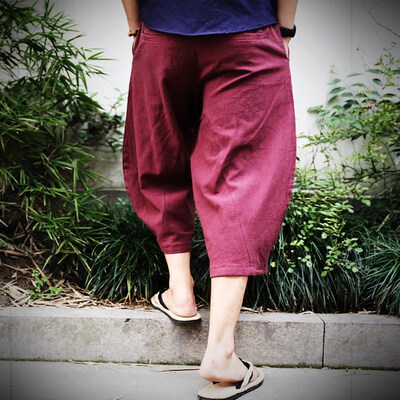 2023 Men Cotton Linen Baggy Wide Leg Pants Men Hanging Crotc