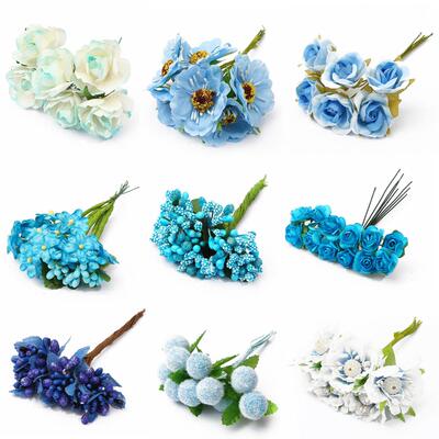6/10/12/50/60/70/90/144Pcs Mix Blue Flower Cherry Stamen Ber