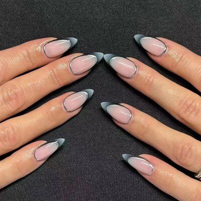 24Pcs French False Nails Almond Fake Nails with Glue Press o