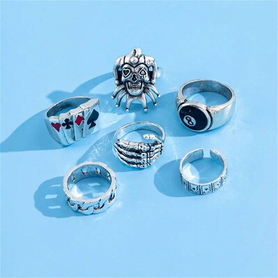 6Pcs Punk Poker Joker Silver Color Rings for Men Goth Skelet