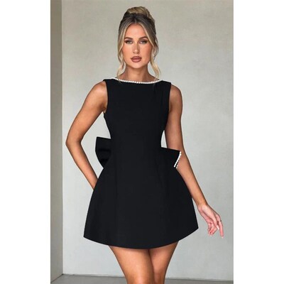 Elegant Pearl Bow Backless Short Dress Womens Sleeveless Pa