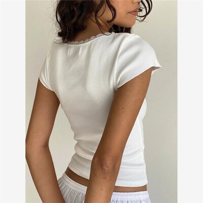 y2k Vintage Baby Tee Cottage Lace Trim Knitted T-Shirt Summe