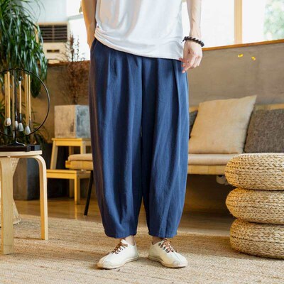 Spring New Mens Cotton an Linen Wie-leg Pants Large Size So