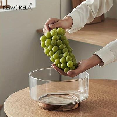 Glass Fruit Bowl Creative Large Salad Bowl Wood Base Snacks