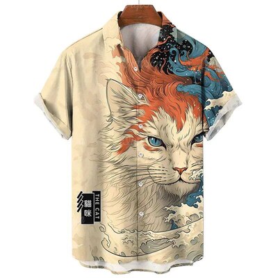 Mens Hawaiian fashion cat 3D printed lapel sreet animal sho