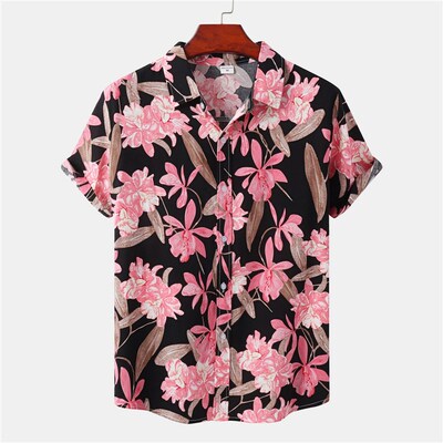 Black Pink Floral Print Beach Aloha Shirts Men Camisa Mascul
