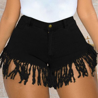 LW High-waisted High Stchy Tassel Design Black Denim Shorts