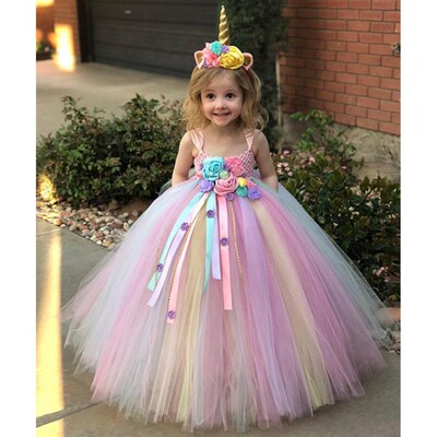 Girls Pastel Unicorn Flower Tutu Dress Kids Crochet Tulle St