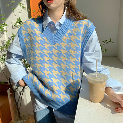 Women Sweater Vest Autumn Houndstooth Plaid V-neck Sleeveles