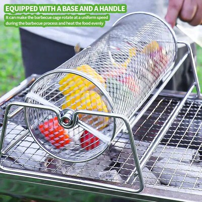 Stainless Steel Rolling BBQ Grill Mesh Basket Grill Rotisser