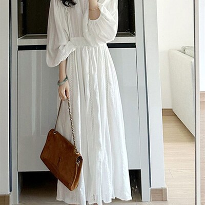 Jielur New Spring French Long-sleeved White Dress Women Summ