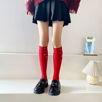 Pure Red Pearl Star Handmade Midcalf Socks for JK Ladies New