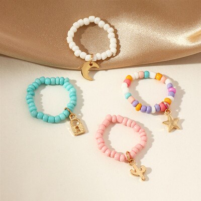 4Pcs/set Boho Colorful Rice Beads Rings Set For Women Elasti