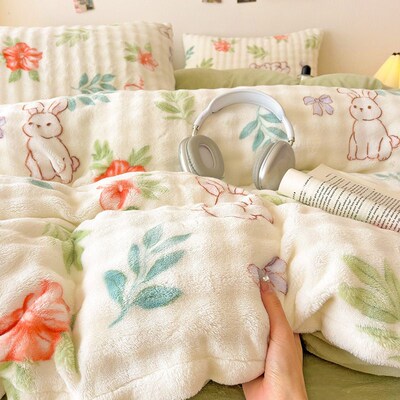 Thickened Rabbit Plush Four-piece Quilt ver ral Fleece Bed S